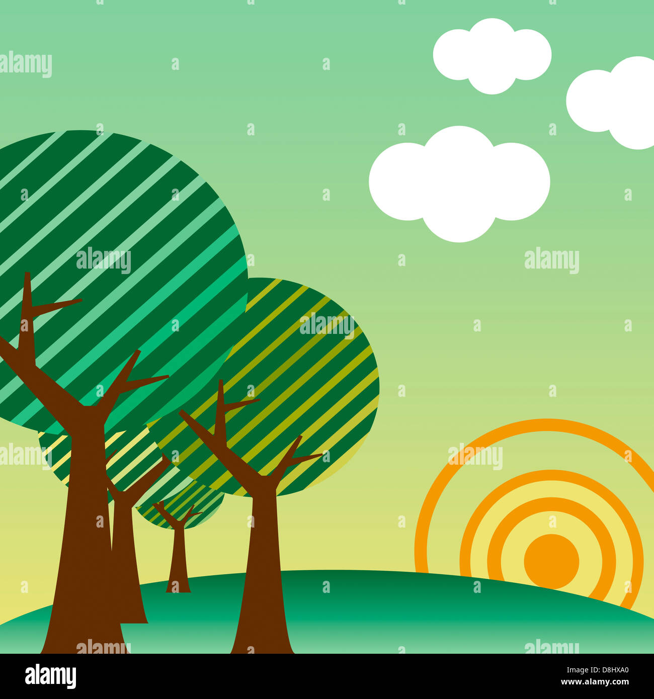 Retro style landscape with tree, sun and clouds Stock Photo - Alamy