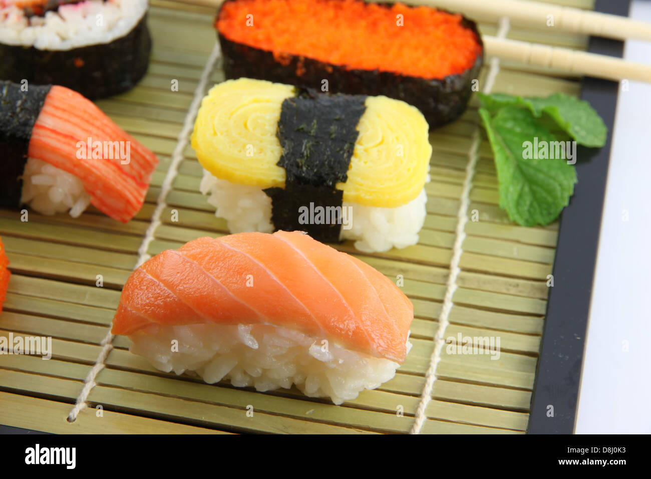 Sushi made from Tuna fish on a bamboo dish,Sushi is a food of Japanese ...