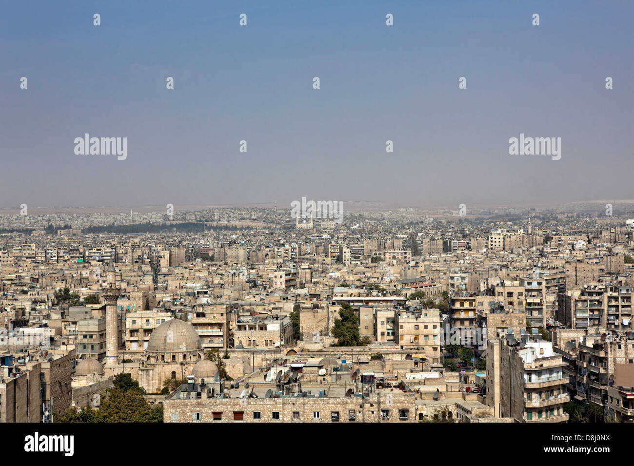 Aleppo panorama from the citadel, Syria. Lot of mosques and satellite ...