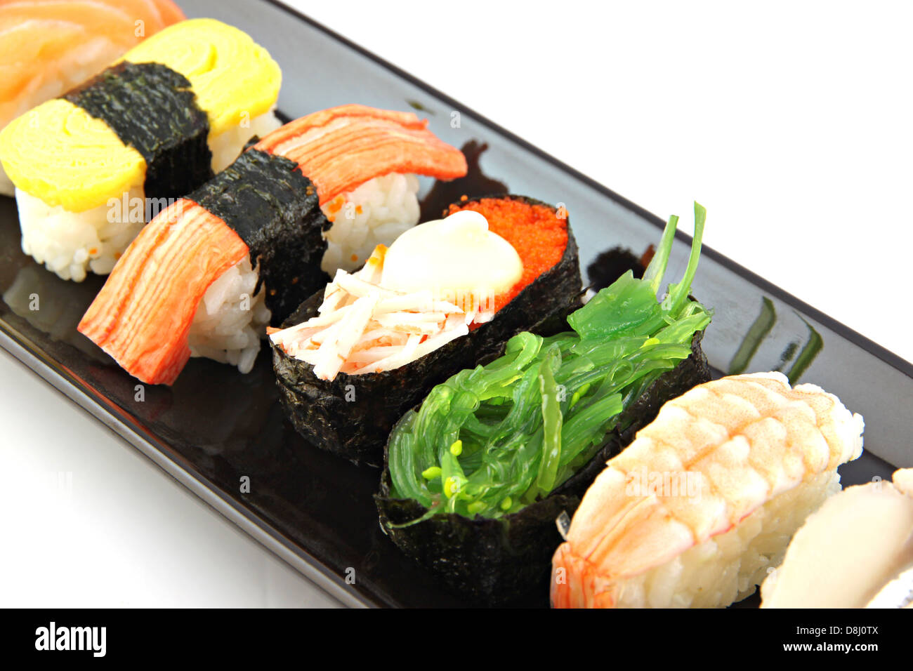 Sushi made from seafood on Black dish,Sushi is a food of Japanese Stock ...
