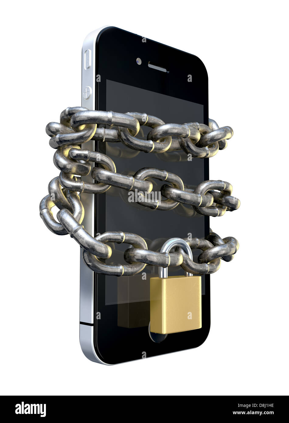 A smartphone wrapped in a metal chain and secured with a brass padlock ...