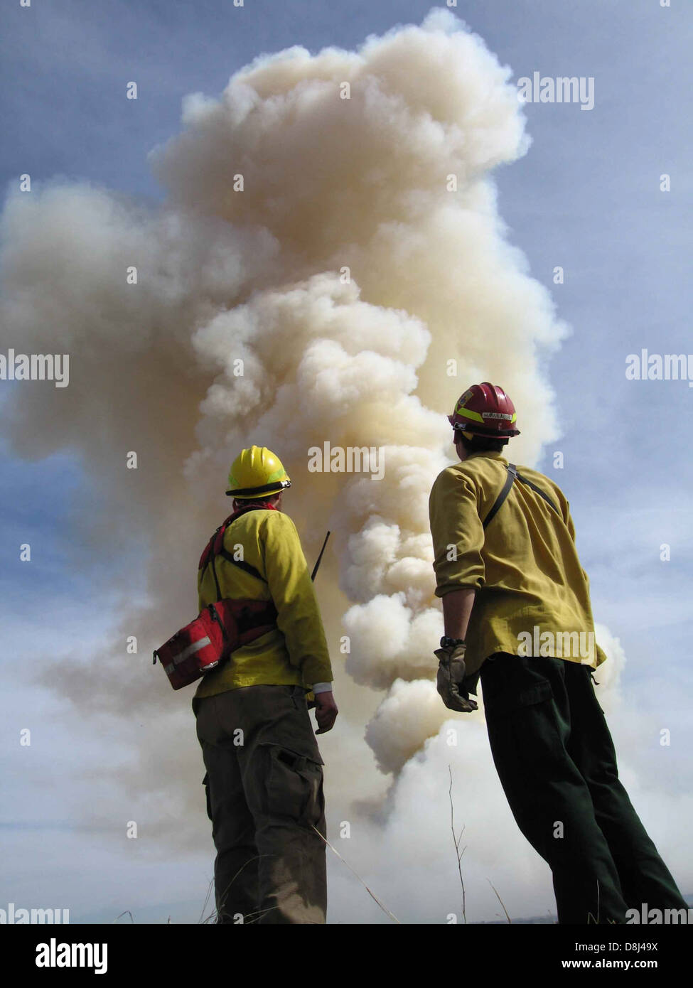 Firefighters are positioned in front of a large plume of smoke, wearing ...