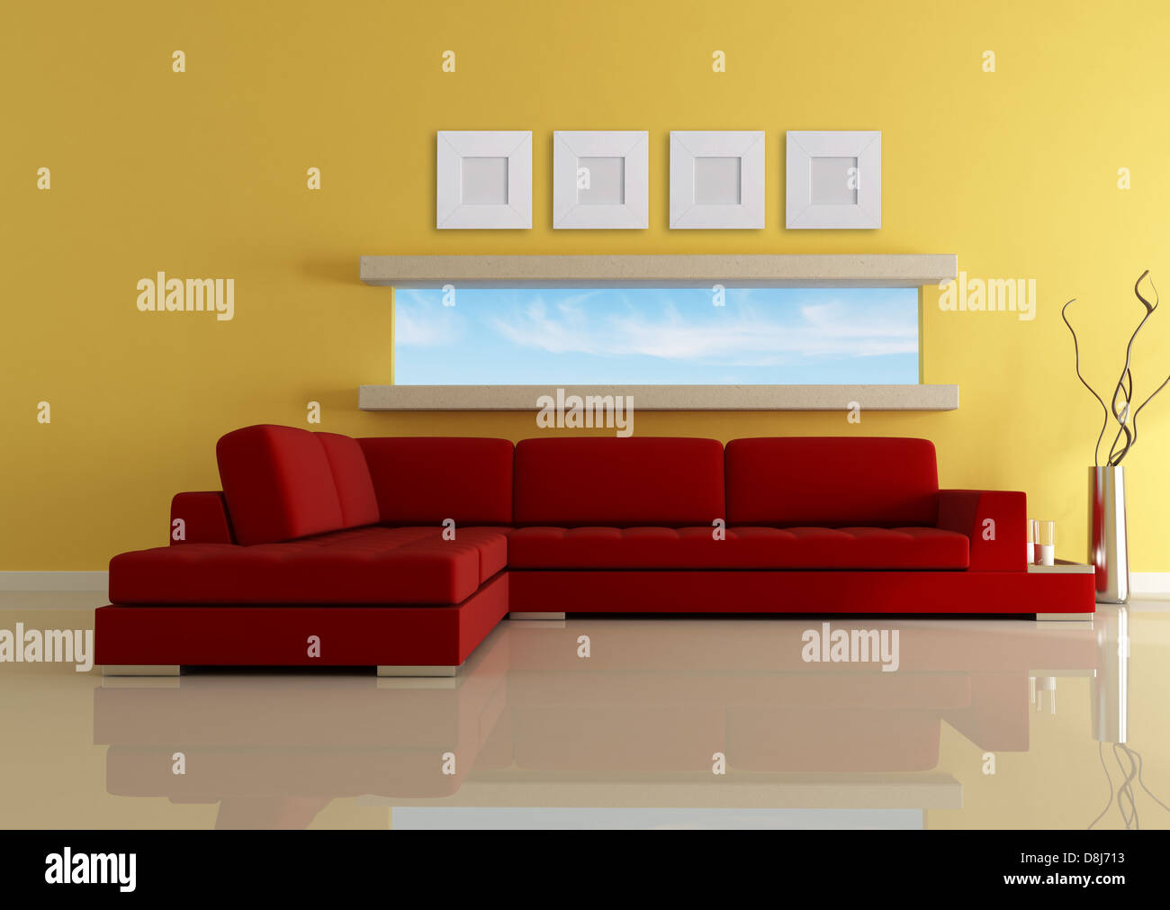 Minimalist living room with red angle couch - rendering Stock Photo - Alamy