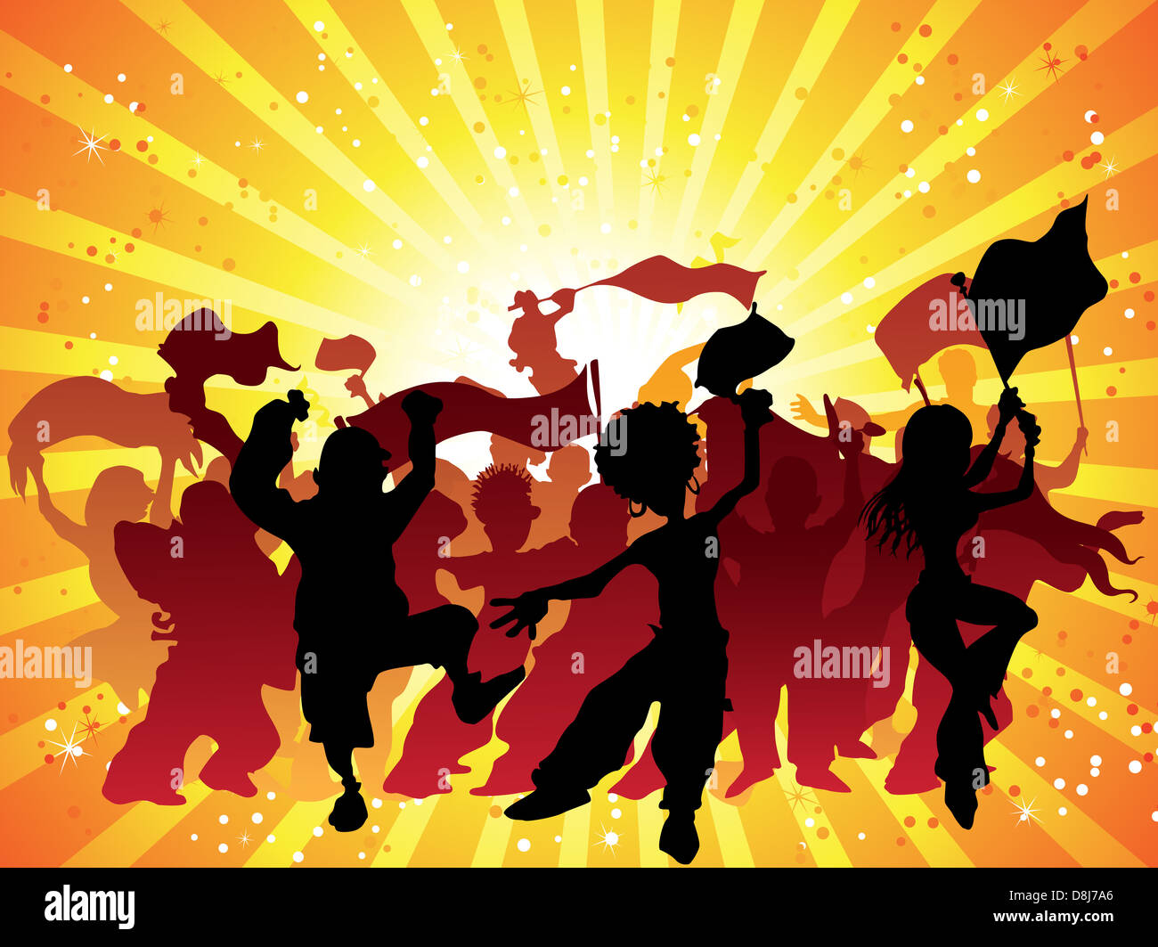 Crowd with flags and confetti celebrating. Editable Vector Illustration ...