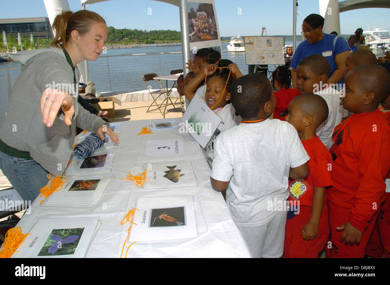 A group of children learning about different fish species in an ...