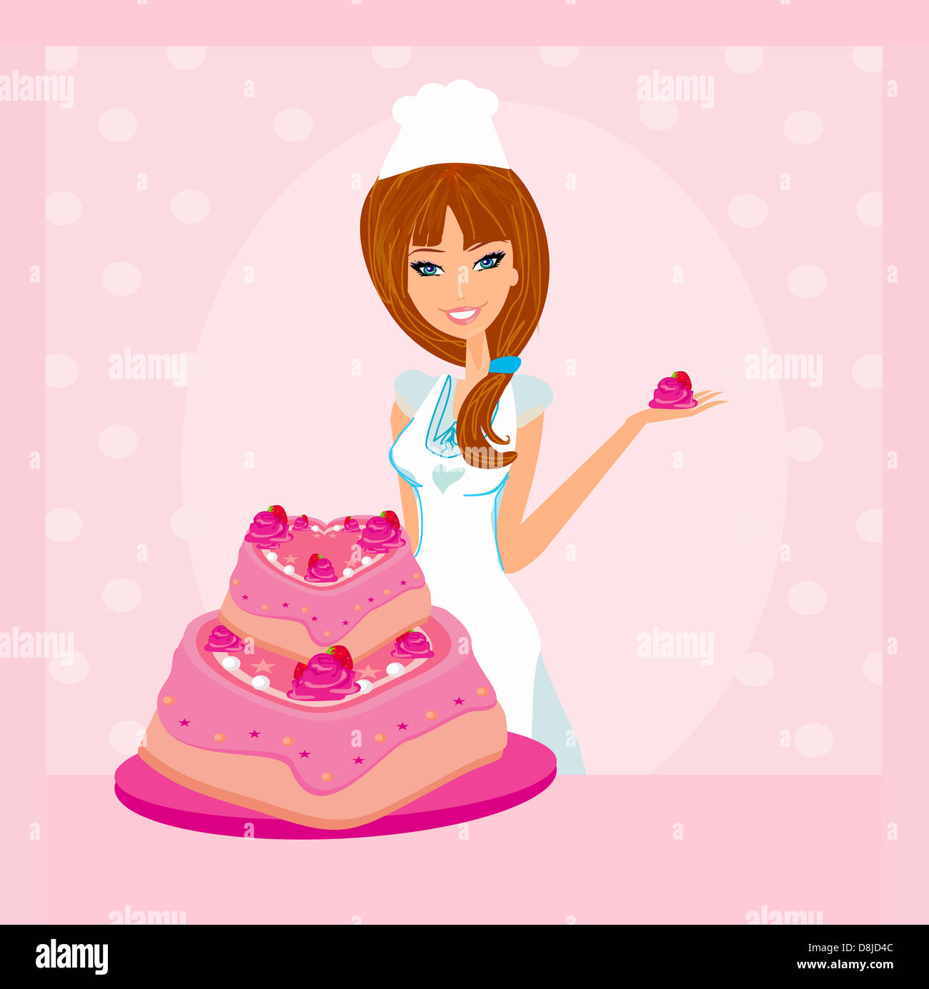 Baking a cake.Illustration of lady baker making a cake Stock Photo - Alamy