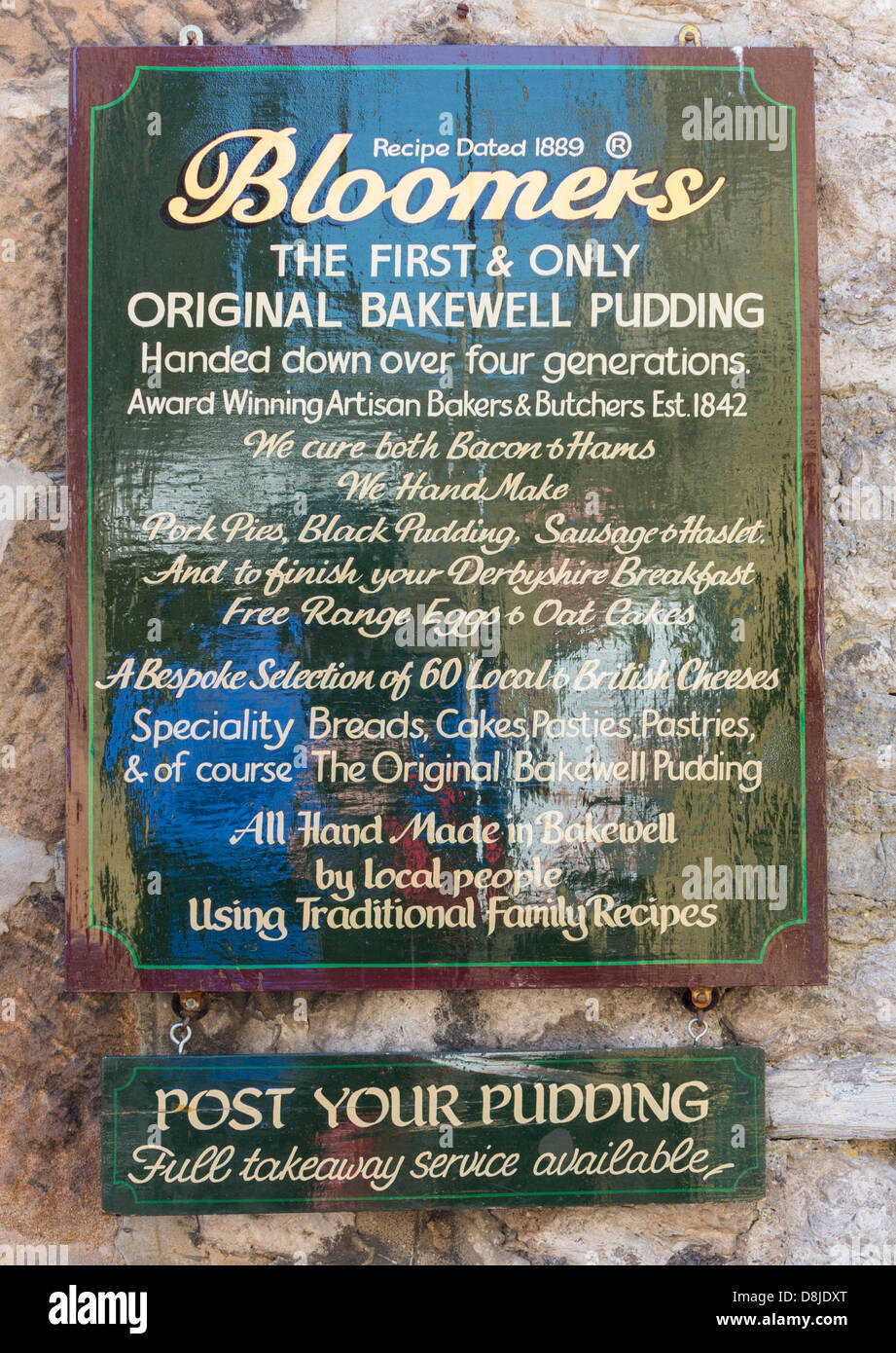 Sign for Bloomers Original Bakewell Pudding shop in Bakewell ...