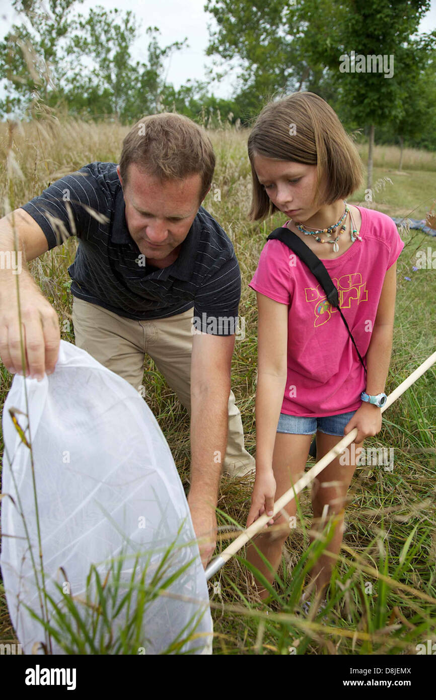 A man demonstrates to a child how to capture insects using a net. The ...