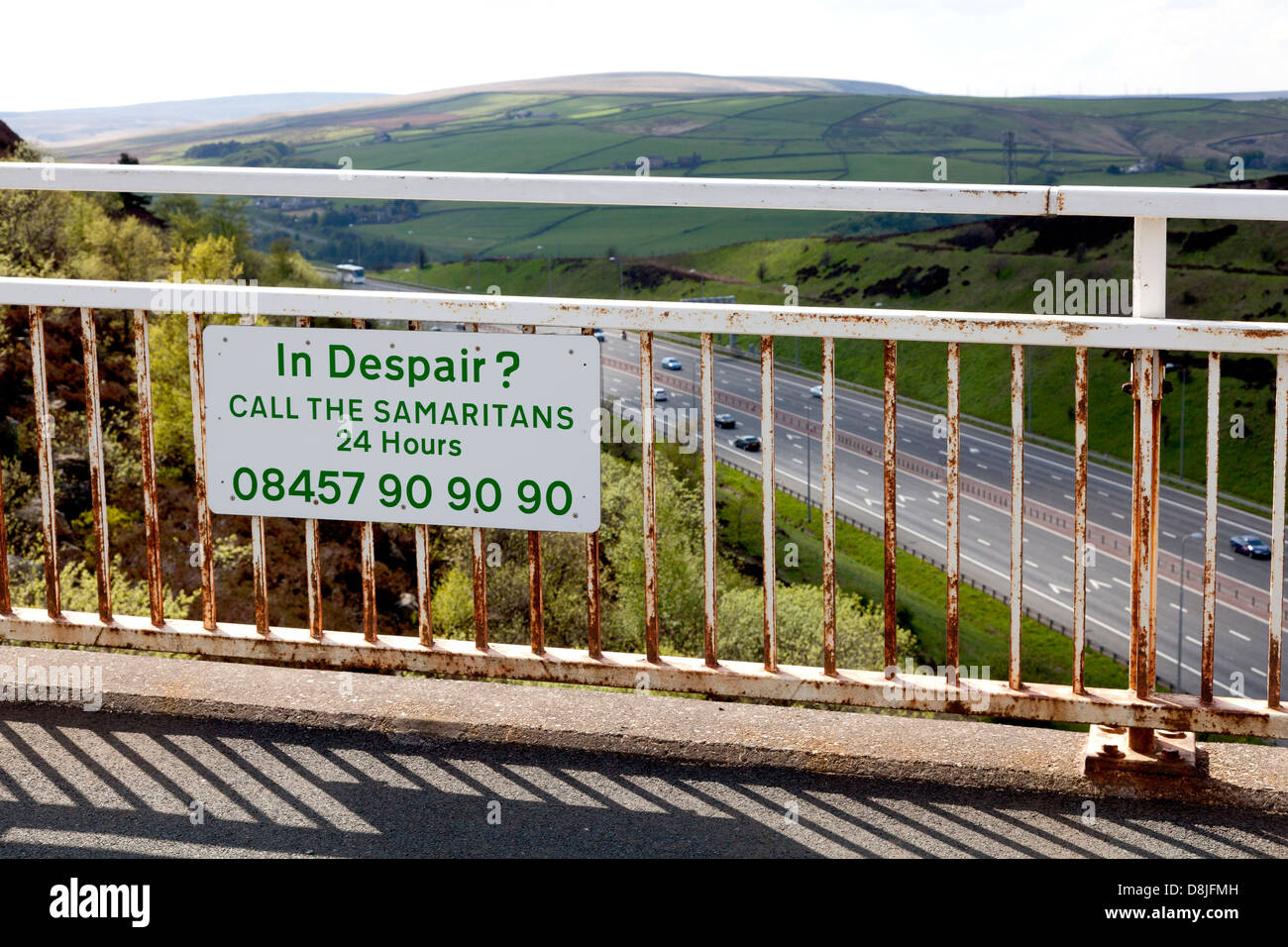 Signs for the Samaritans above the M62 on Scammonden Bridge, West ...