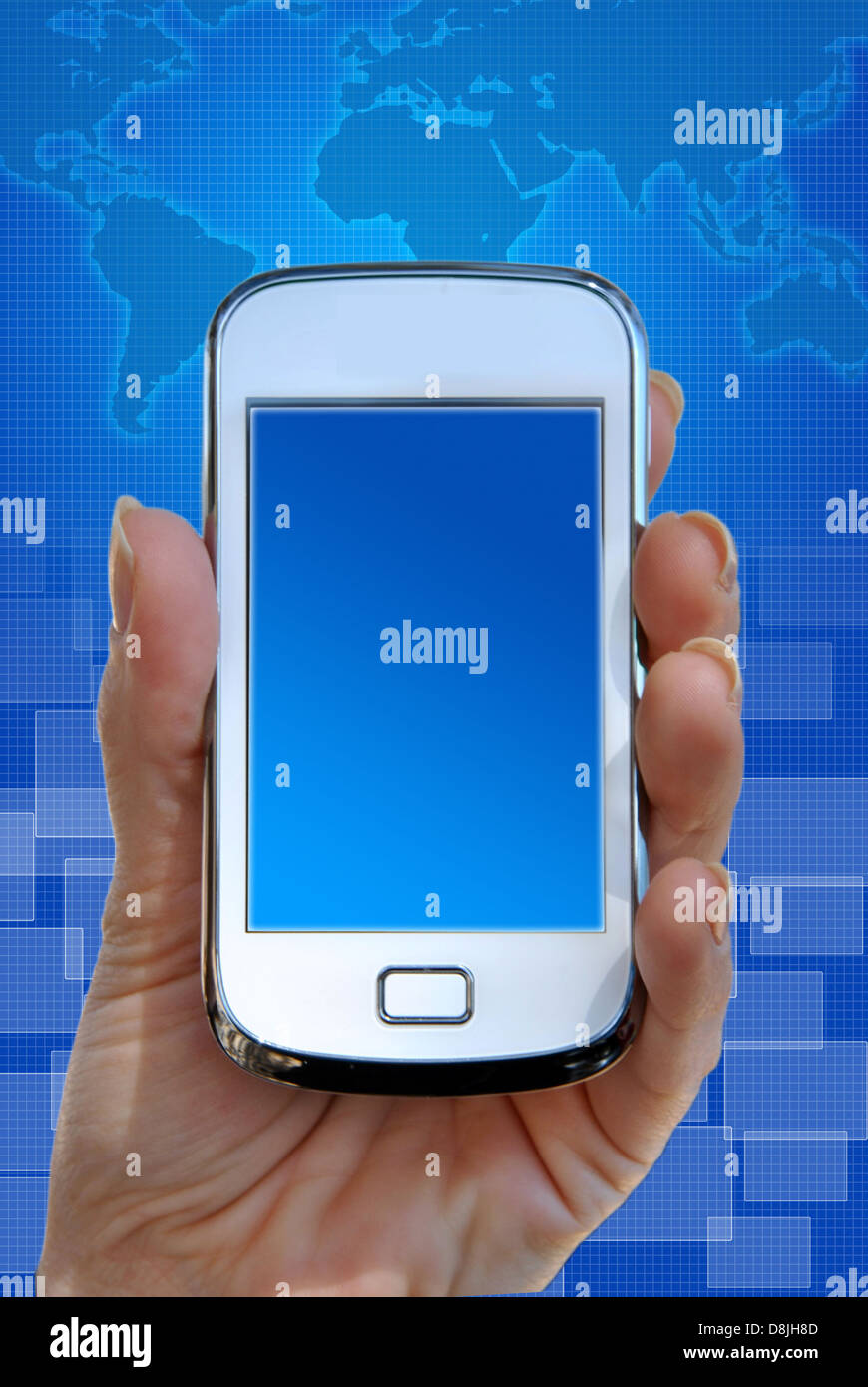 grabbing hand mobile with modern background world map Stock Photo - Alamy