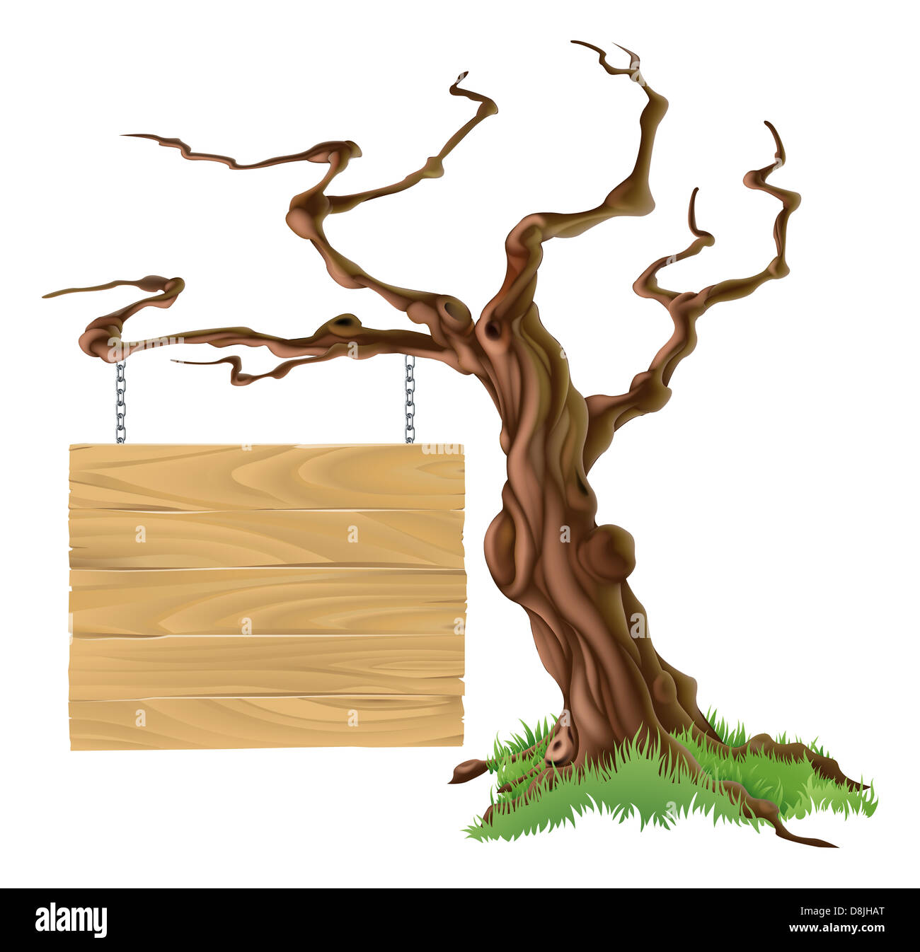 Illustration of a bare tree with a wooden sign on a chain hanging from ...