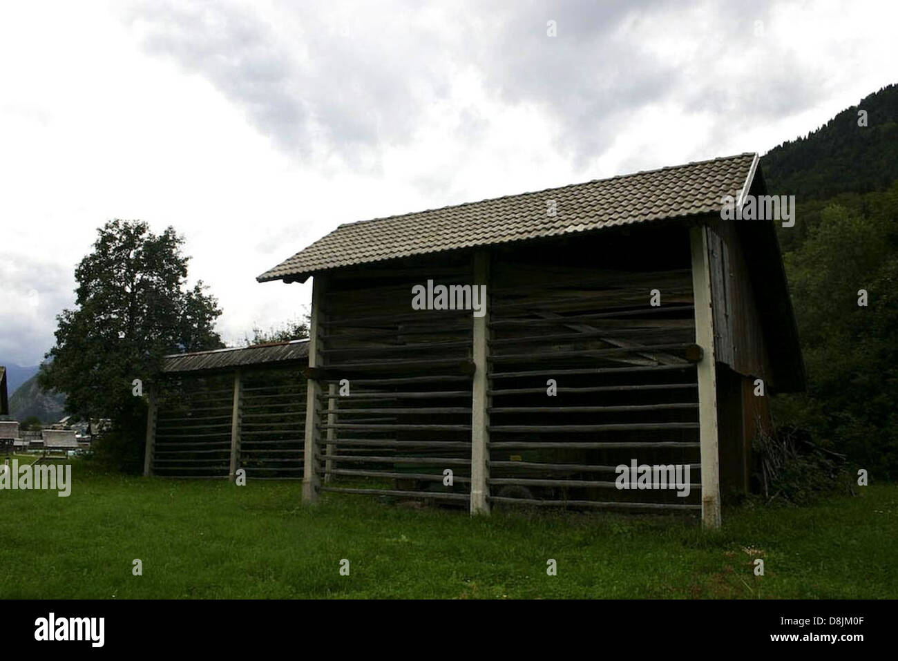An old wooden barn house, showing signs of age and weathering. This structure, typically used ...