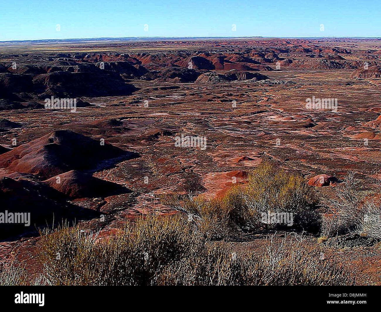 A landscape of desert terrain painted in various vibrant hues. The ...