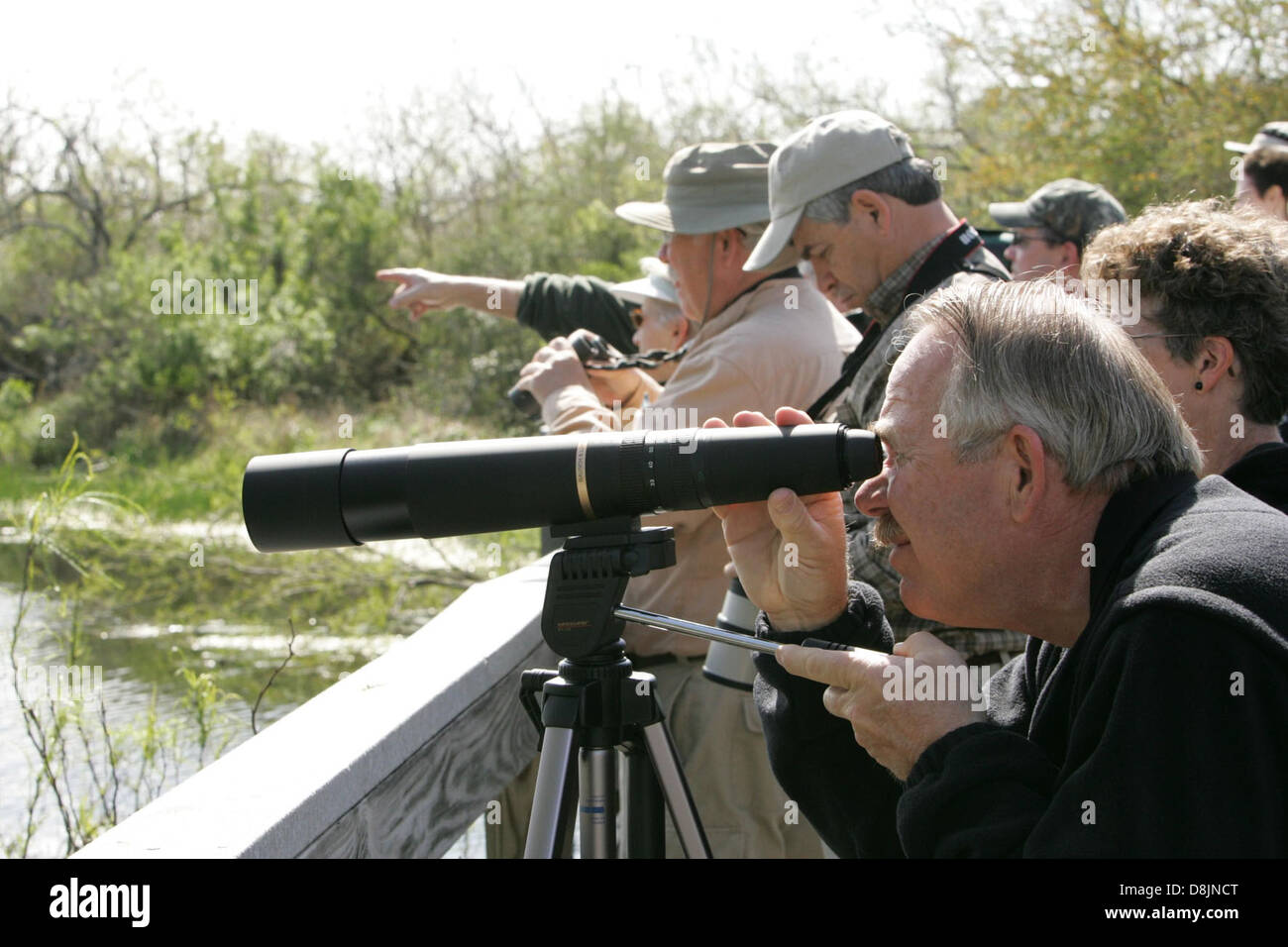 A group of people is seen birdwatching along a beach, observing various ...