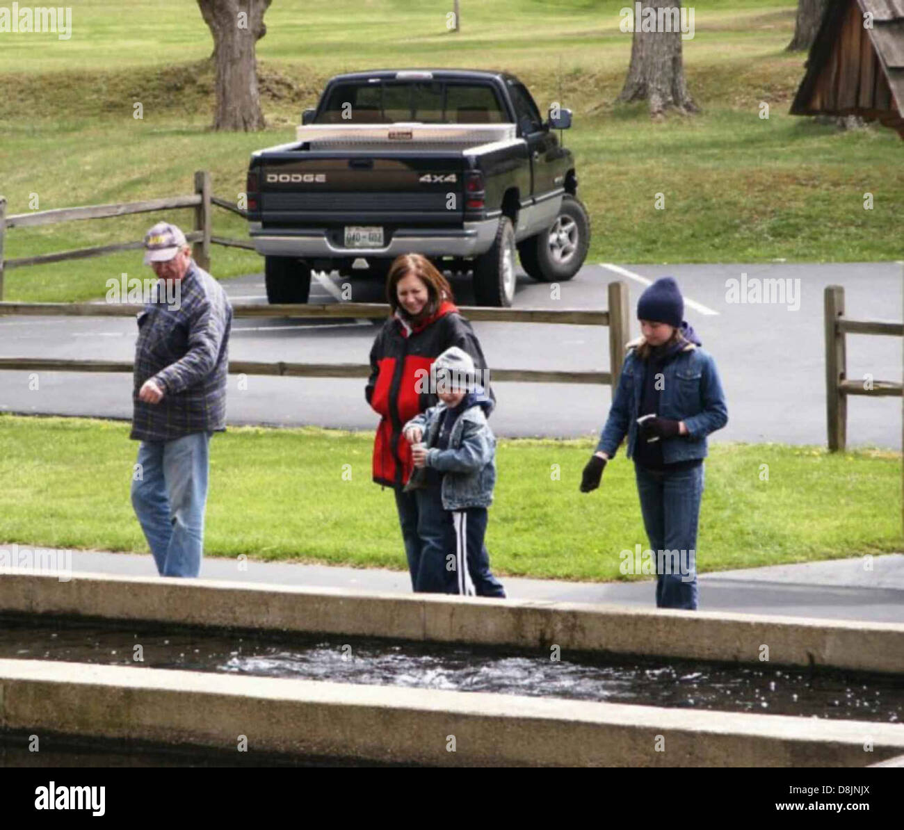 A group of people is feeding fish in a body of water, showcasing an ...