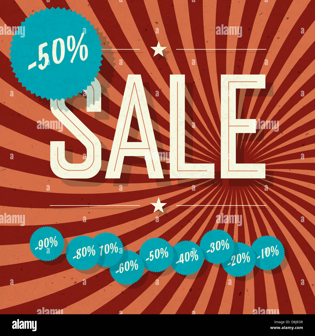 Sale retro poster. Template with textured sunburst background and ...