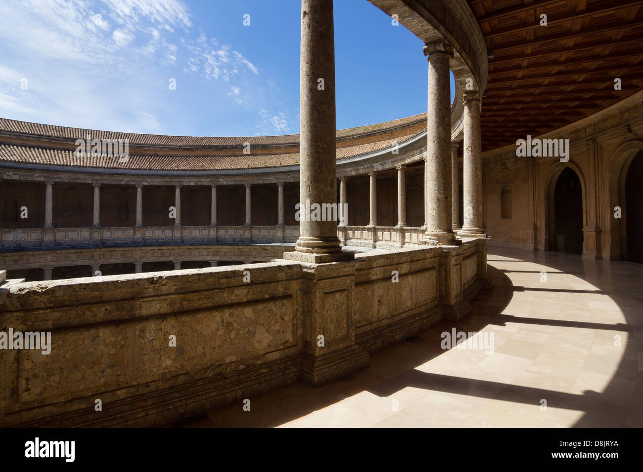 The upper level circular ionic colonnade in the Palace of Carlos V, the ...