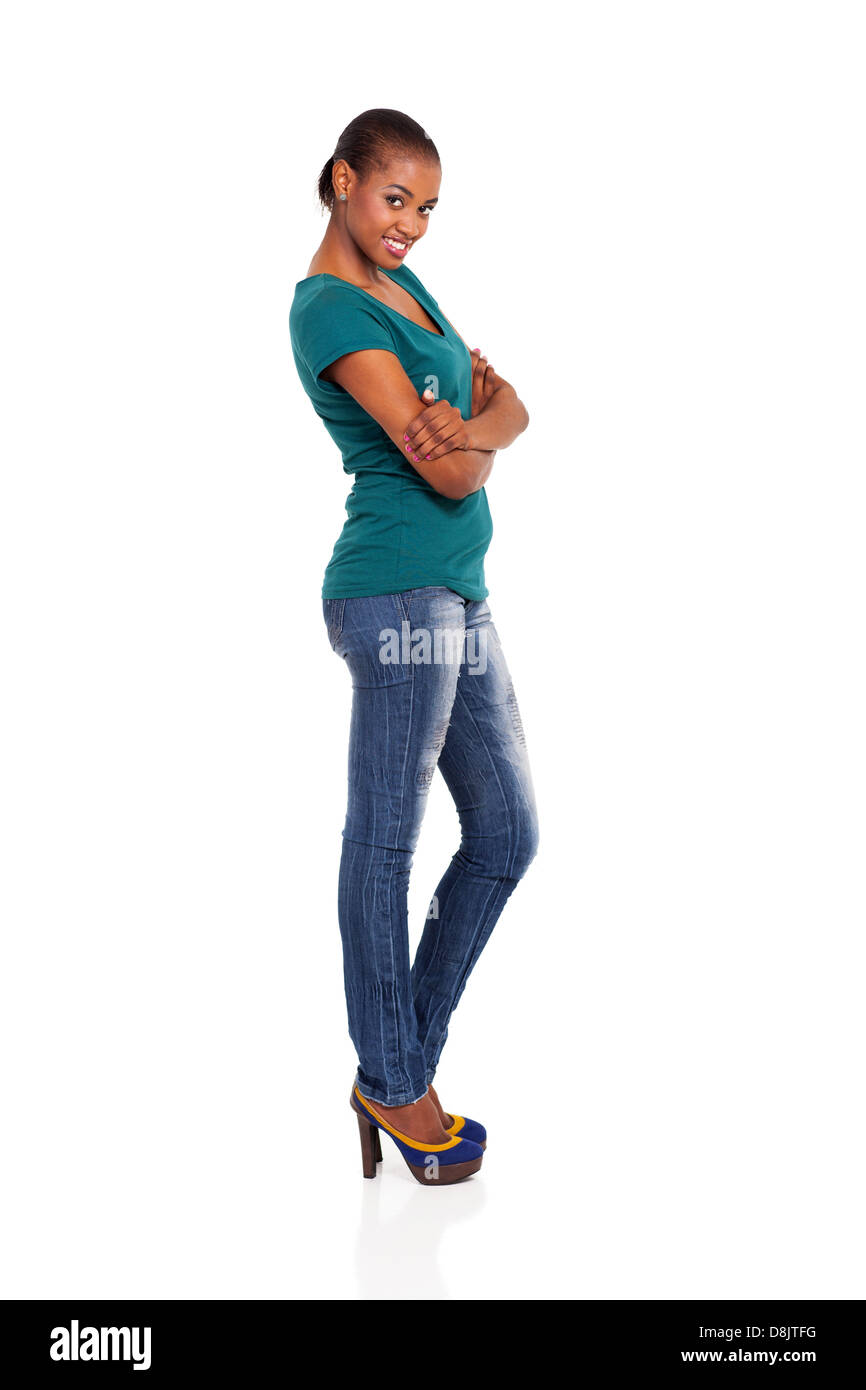 side view of beautiful young african woman on white Stock Photo - Alamy