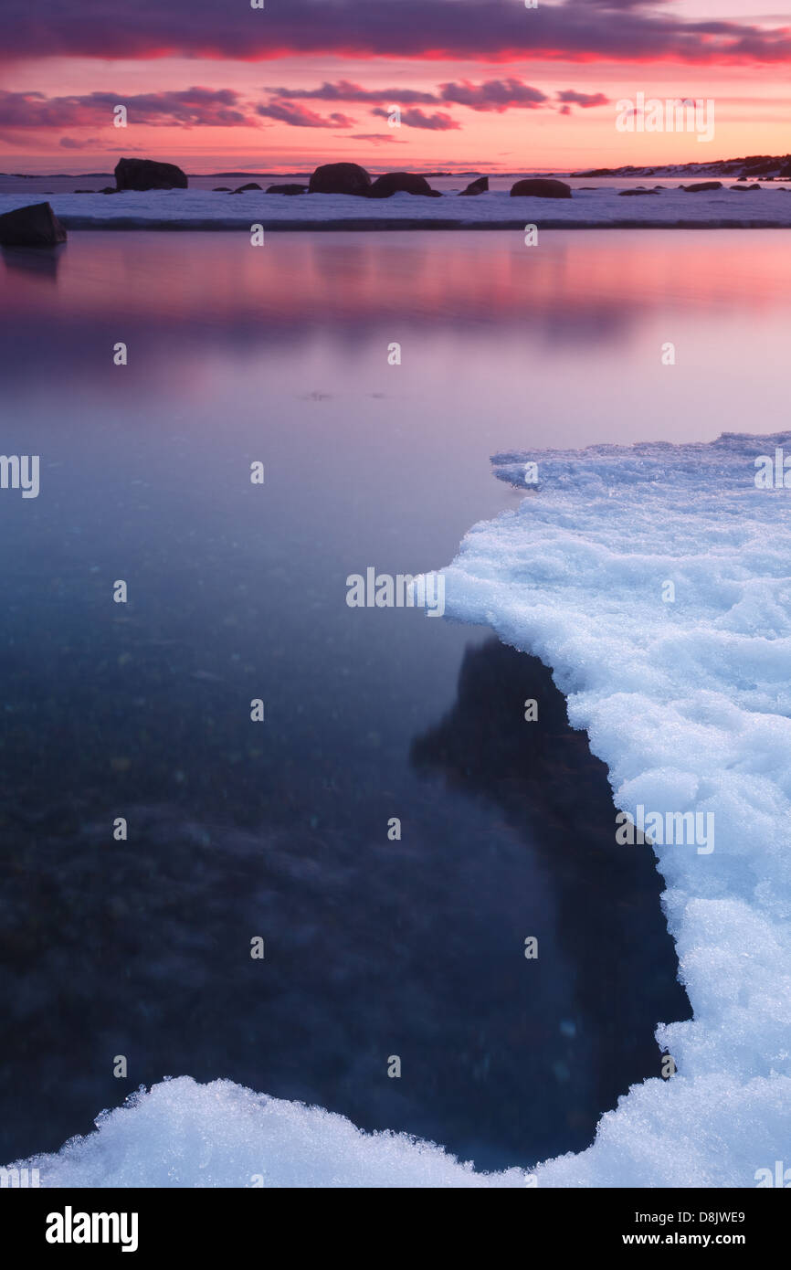 Winter sunset by the Oslofjord at Larkollen in Rygge kommune, Østfold ...