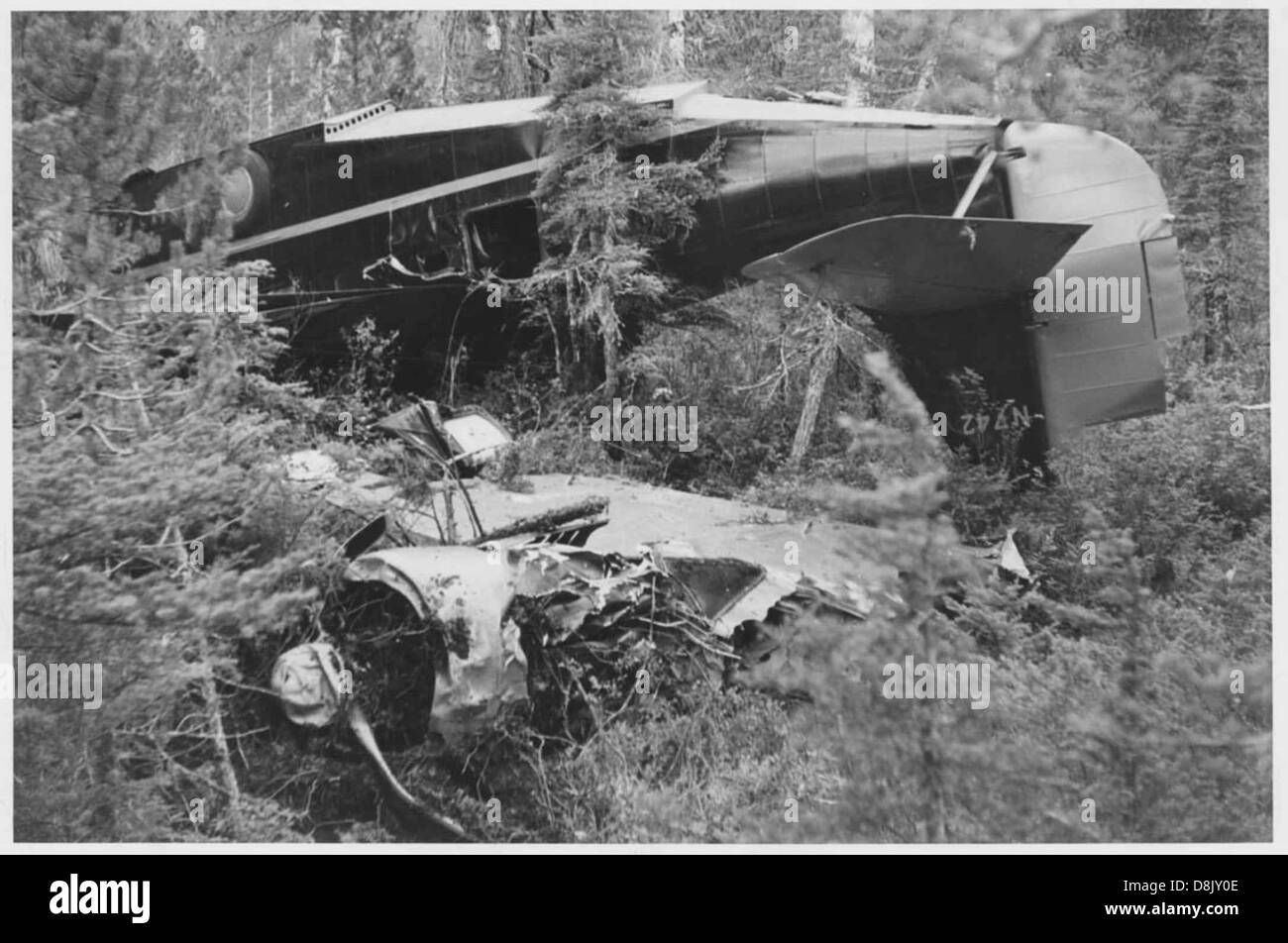 A view of plane wreckage, showing debris and twisted metal, likely from ...