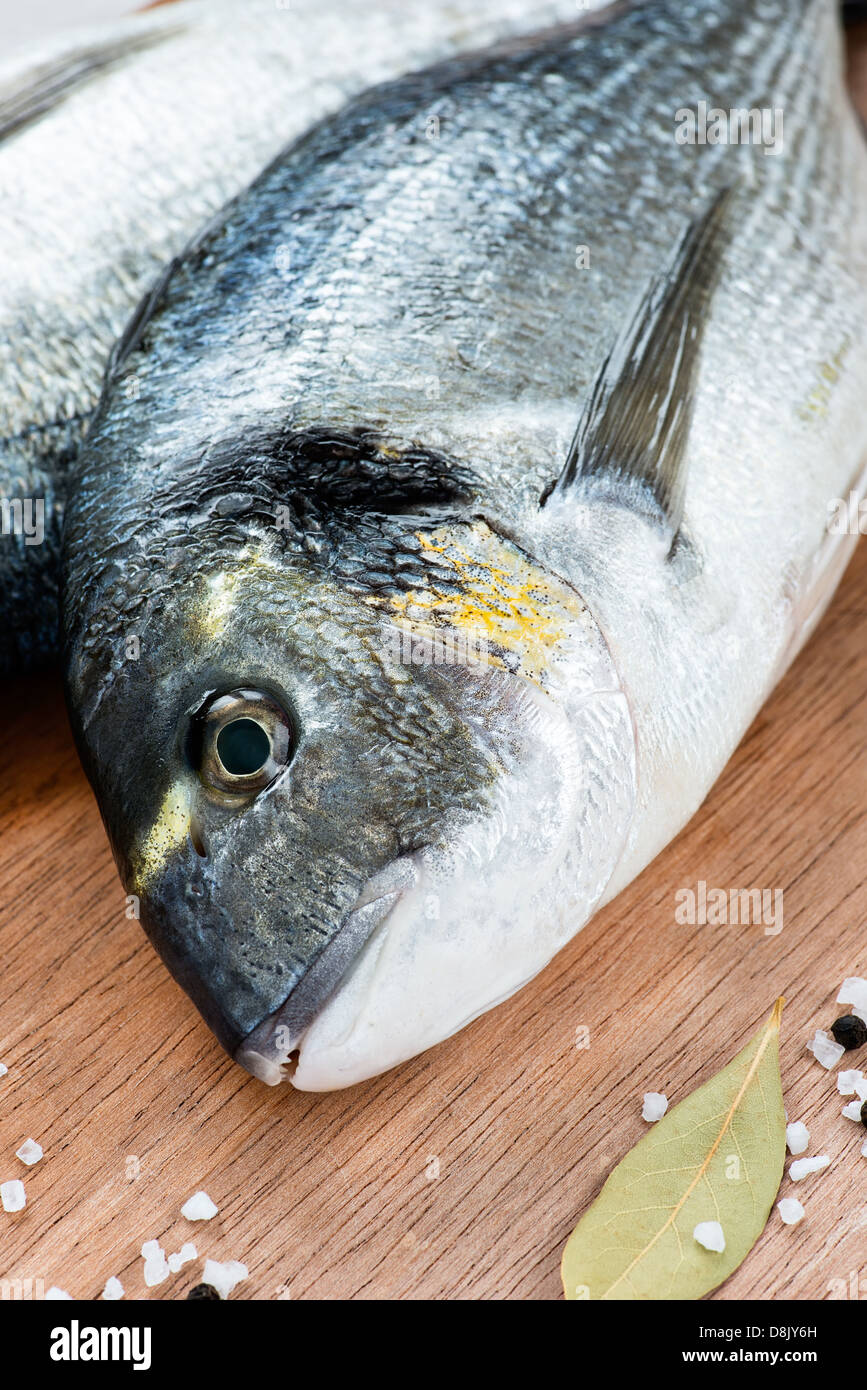 Fresh dorada fish with sea salt and bay leaf over wooden background ...
