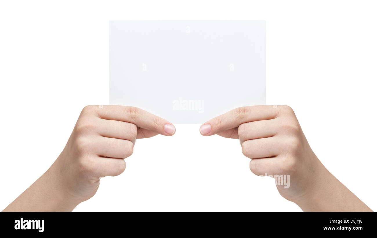 two female teen hands holding paper sheet, isolated on white Stock ...