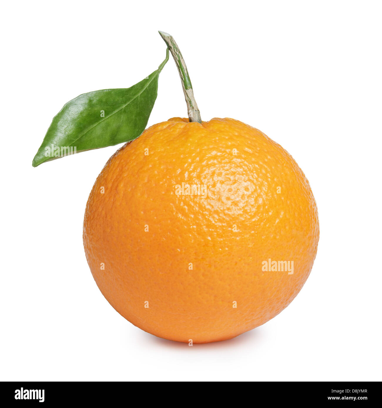 ripe round orange with stem and leaf, isolated on white background ...