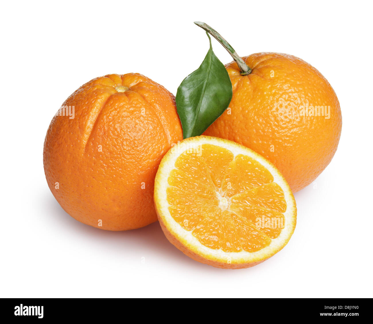 ripe round oranges with half, stem and leaf, isolated on white ...