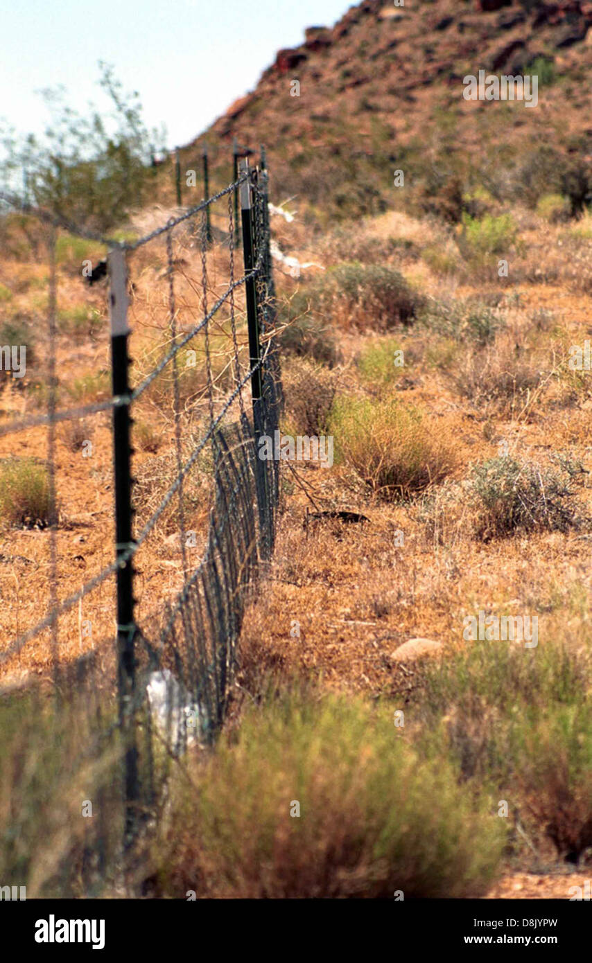 Protective fencing surrounds a desert tortoise habitat, designed to ...