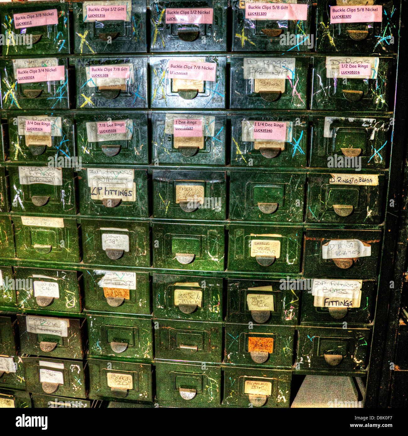 Set of old metal drawers scratched and marked in old Warehouse Stock ...