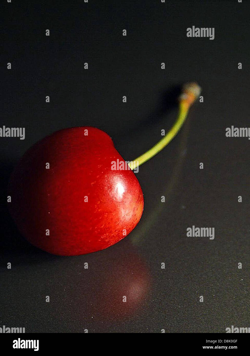 A close-up of a single red cherry set against a dark background ...