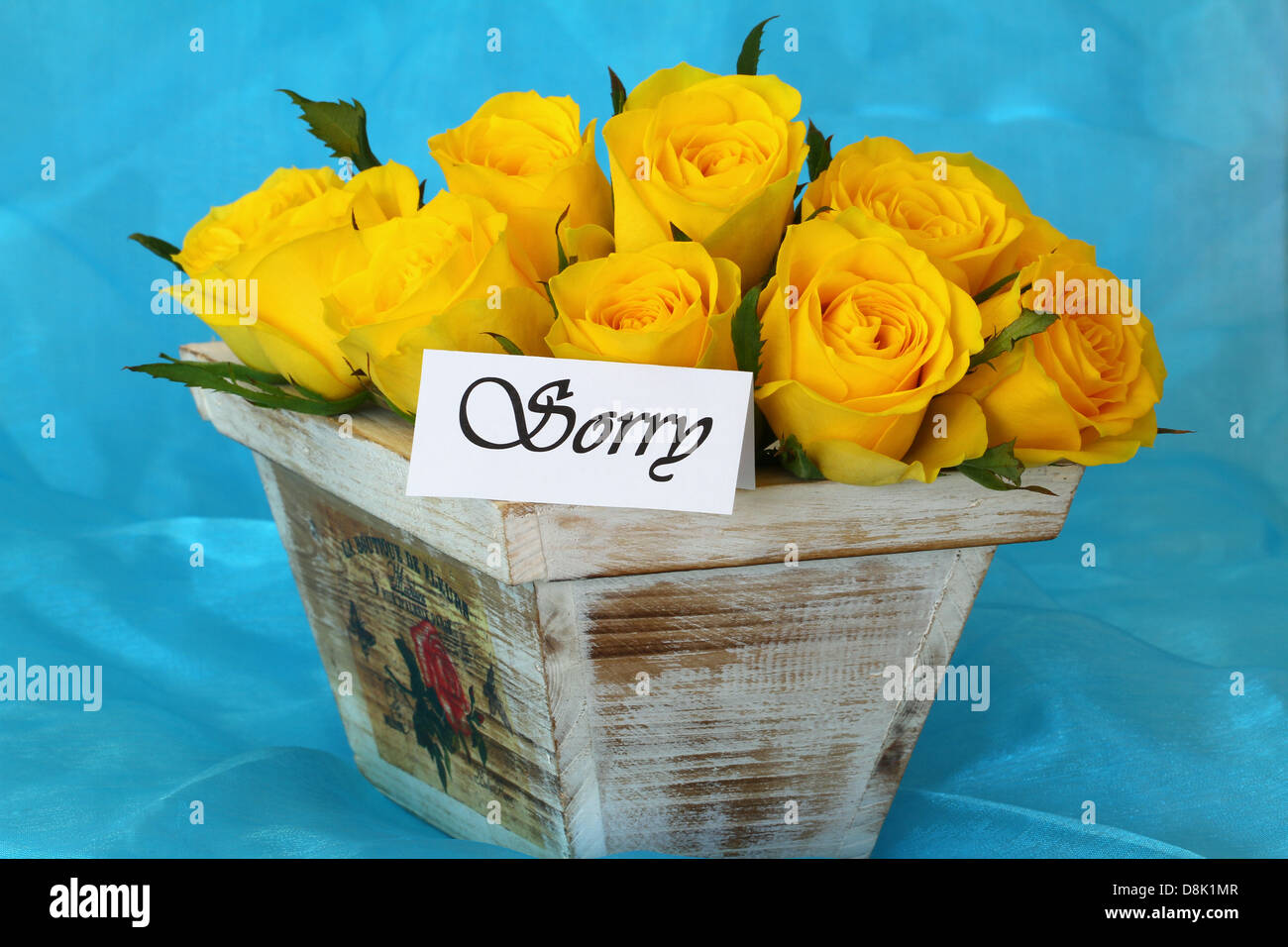 Sorry note with yellow roses in vintage wooden flower box on blue ...