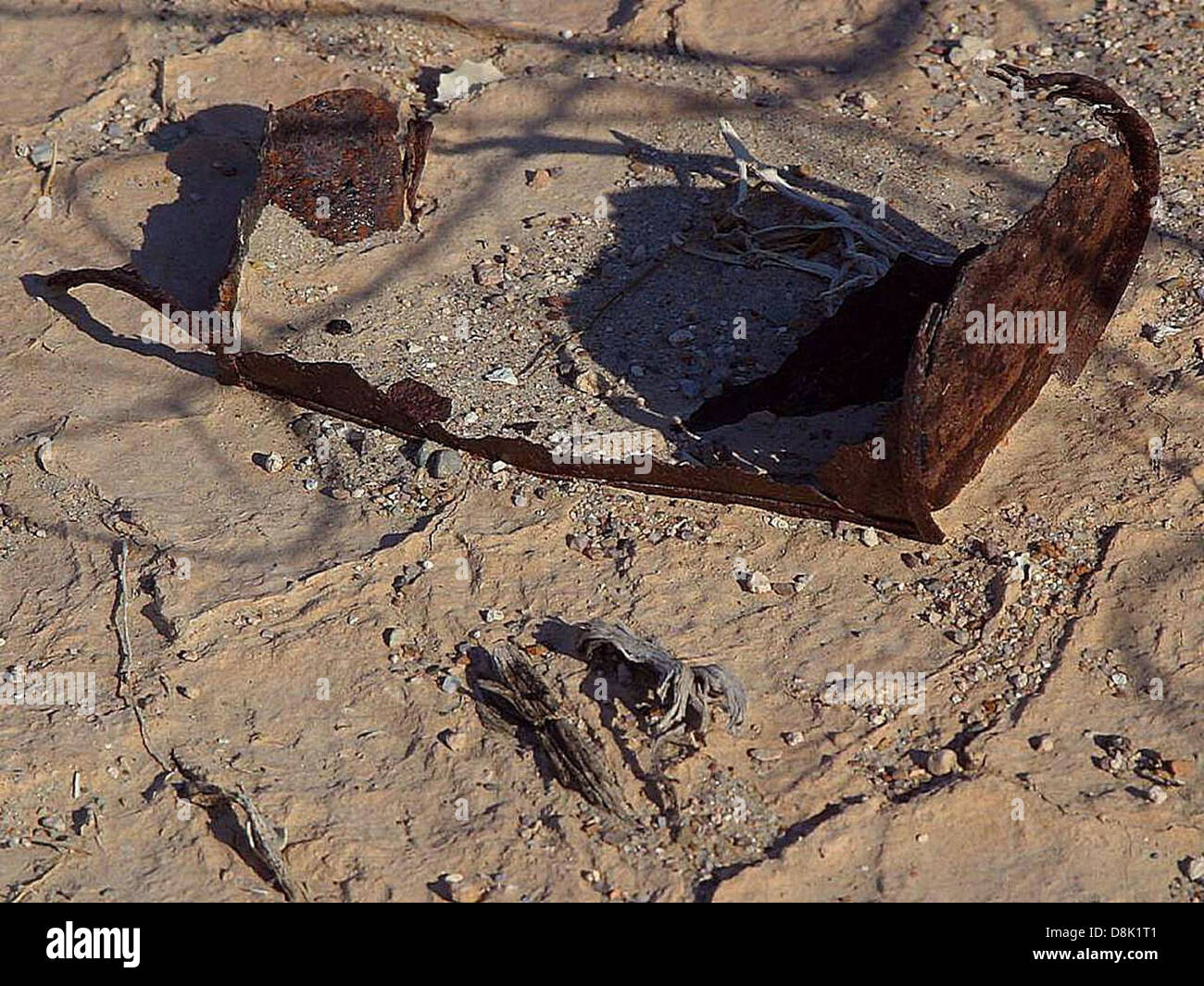 Rusty metal cans scattered across desert sand, showing the effects of ...