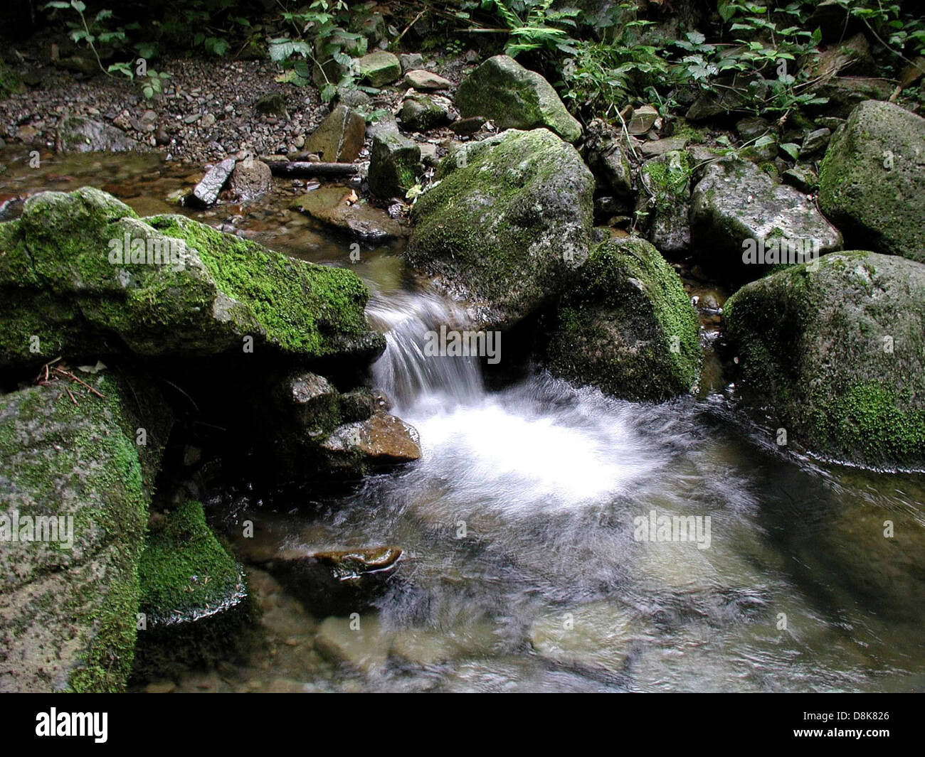 A peaceful stream flowing through a hilly natural landscape. The ...