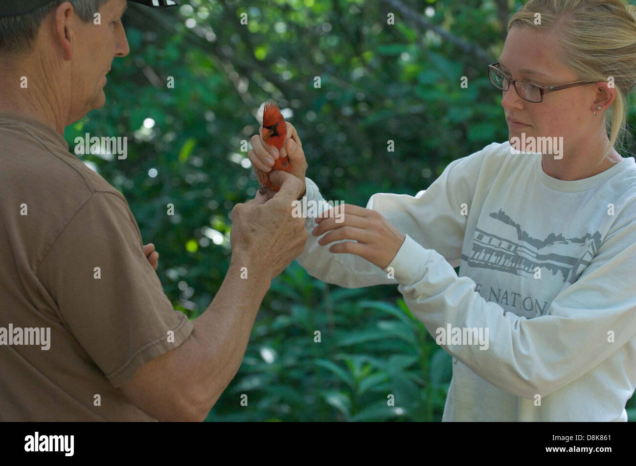 A teacher is demonstrating to a student how to properly hold a bird ...