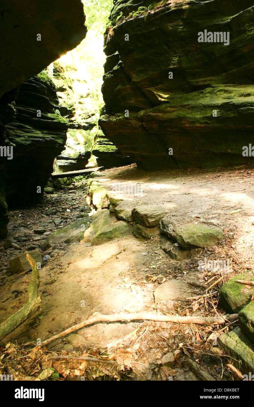 A flowing water stream running through a canyon, with rocky walls on ...