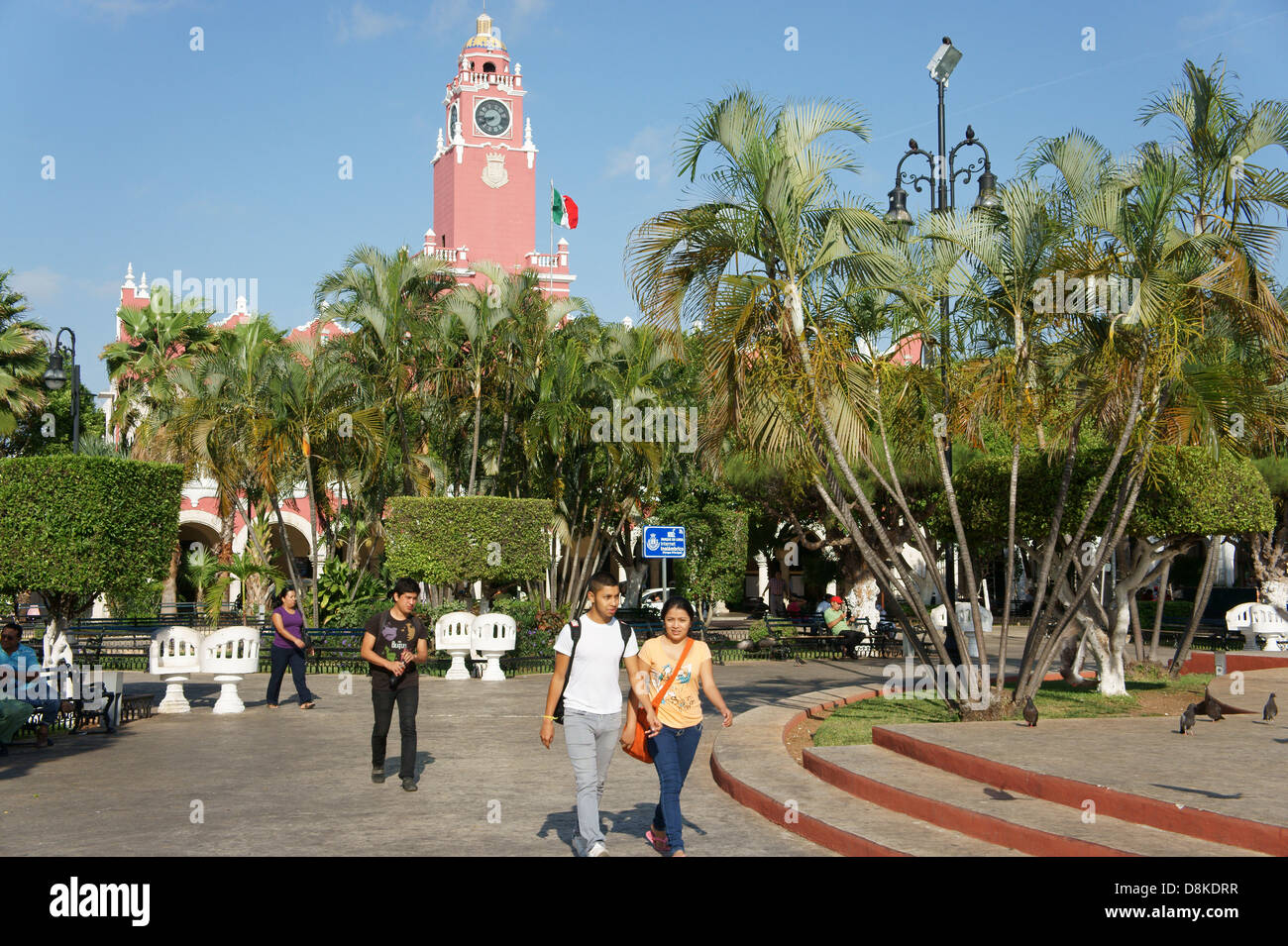People walking in the Plaza Grande, main square in Merida, Yucatan ...