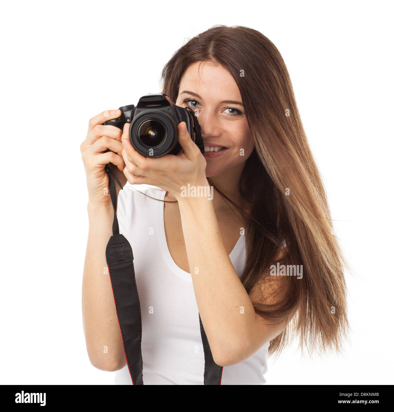 Cute smile and digital camera Young woman with camera and smiling ...