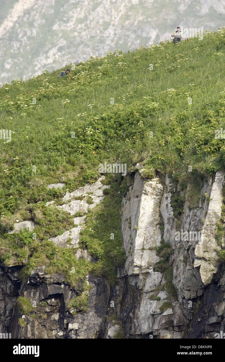 Hikers are seen on a hill during spring, as the landscape comes alive ...