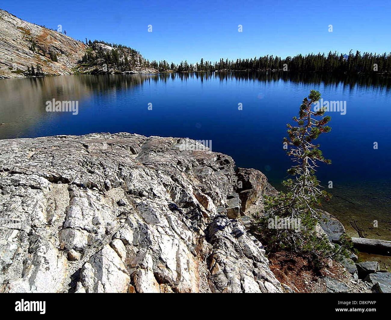 May Lake, located in a tranquil environment, reflects the surrounding ...
