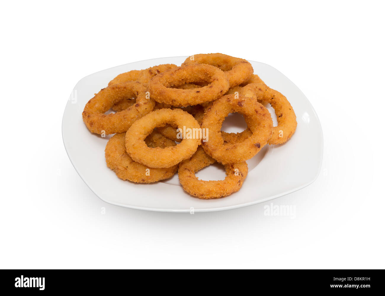 Entire plate of onion rings over white background Stock Photo - Alamy