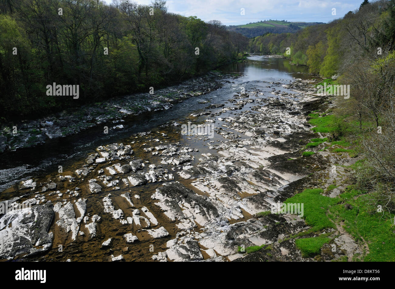 Low water level on River Wye at Erwood Bridge, Powys, Wales Stock Photo ...