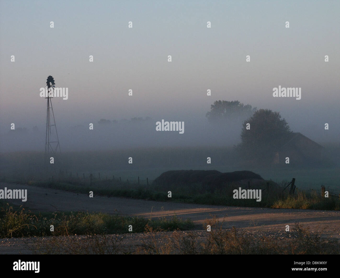 An iconic Iowa windmill stands in the early morning fog, representing ...