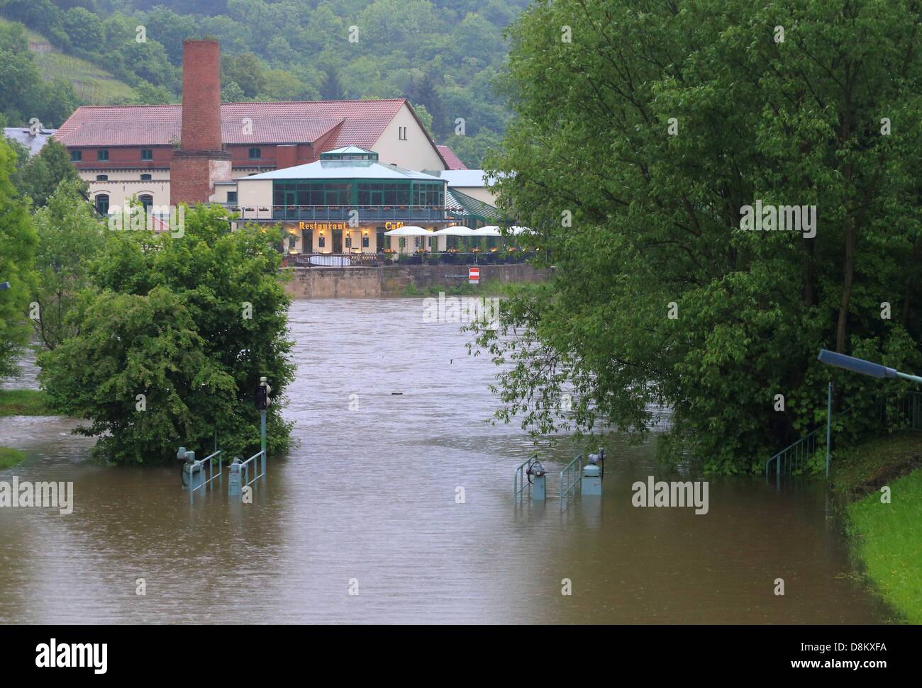 View of the flooded river Unstrut in Freyburg, Germany, 30 May 2013 ...