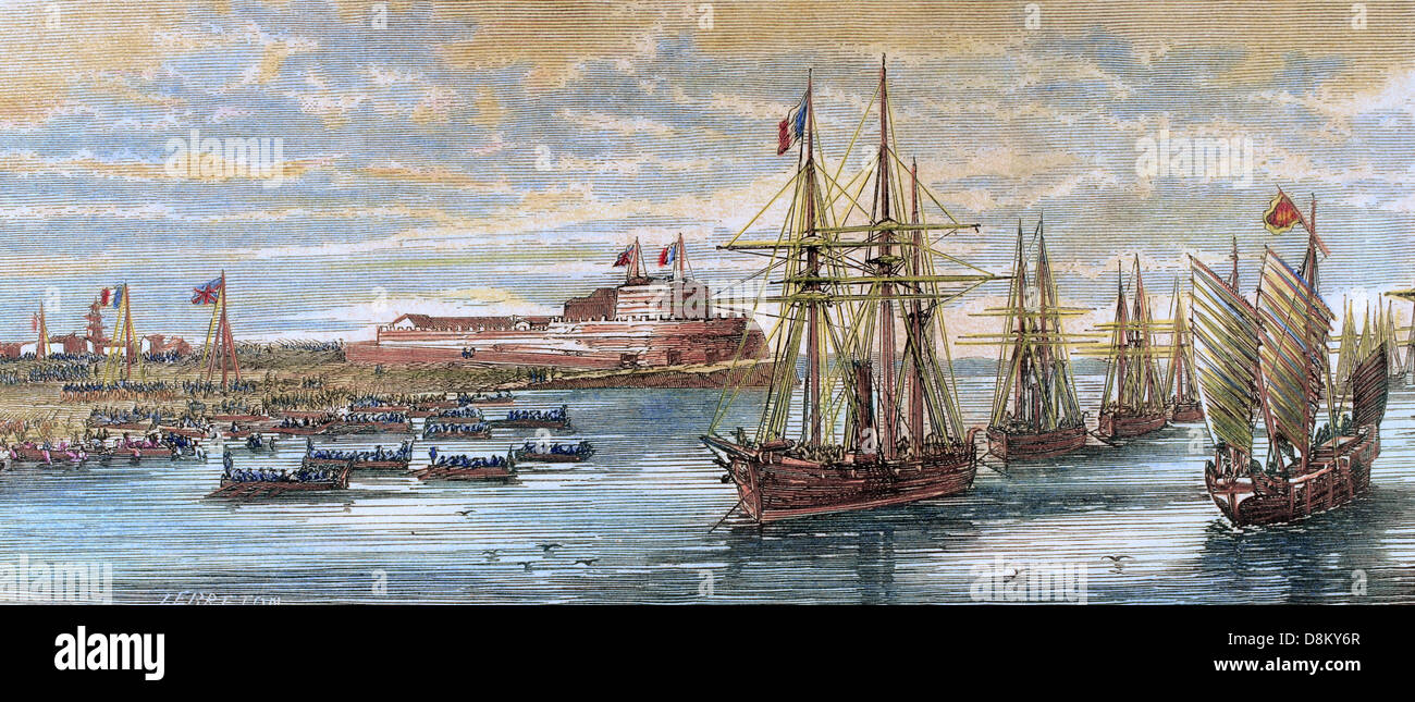 Second Opium War (1856-1860). Landing of the allied troops of France and Great Britain near at ...