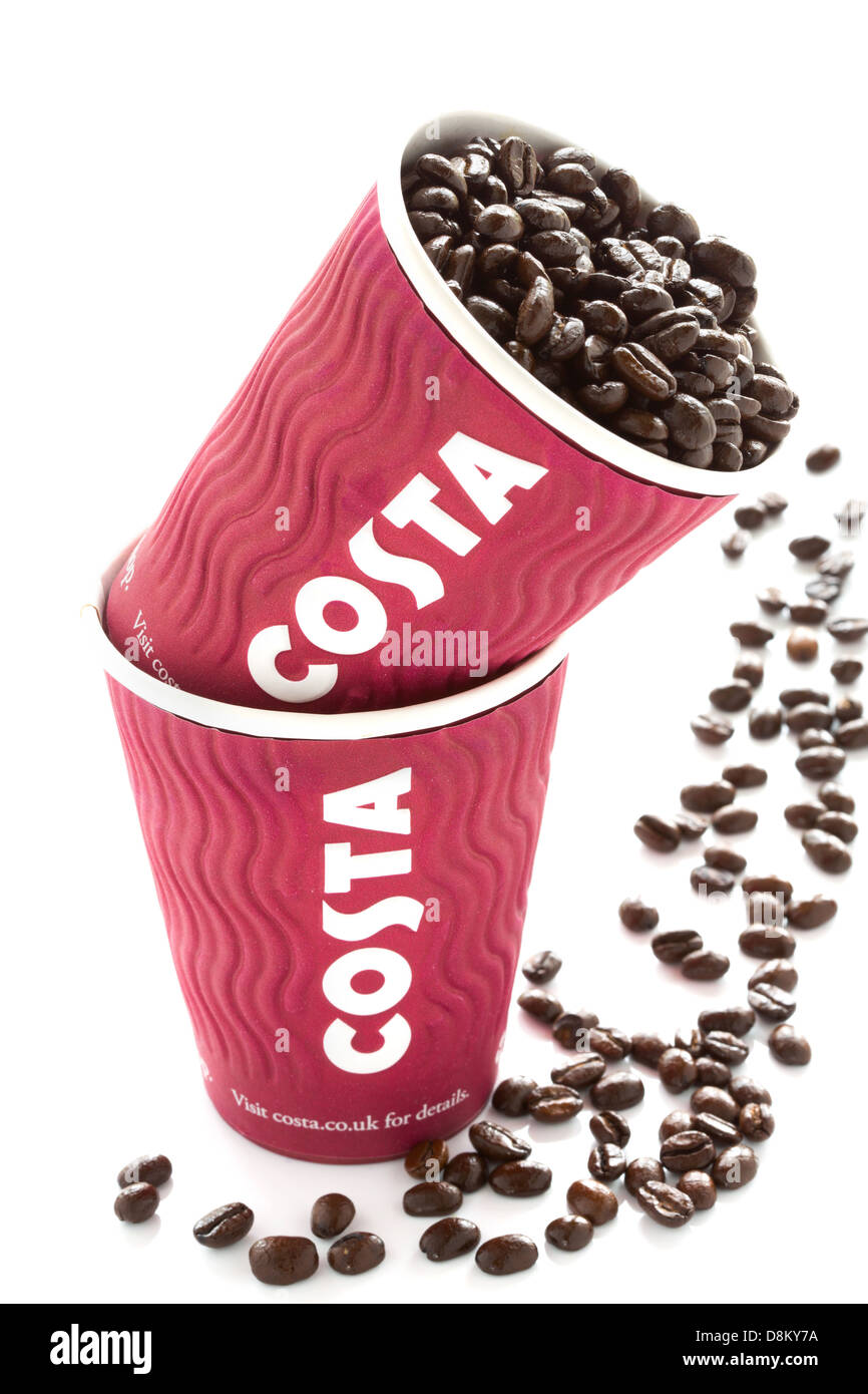 Two Costa Coffee Cups with fresh beans on white background Stock Photo ...