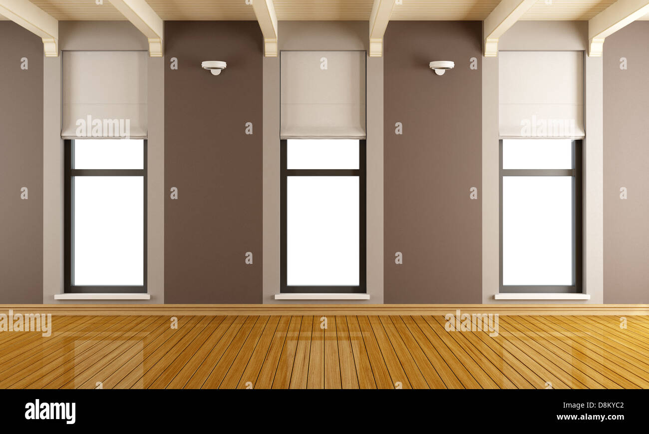 Brown empty room with three vertical windows - rendering Stock Photo ...