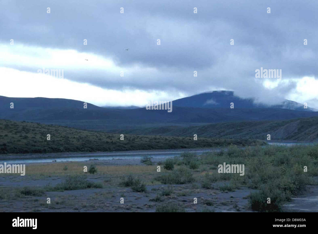 White clouds and mist rise gently over a tranquil river, creating a ...