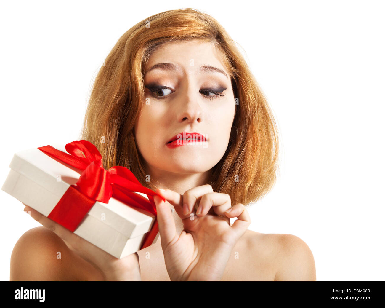 Beautiful young brunette girl with present Stock Photo - Alamy