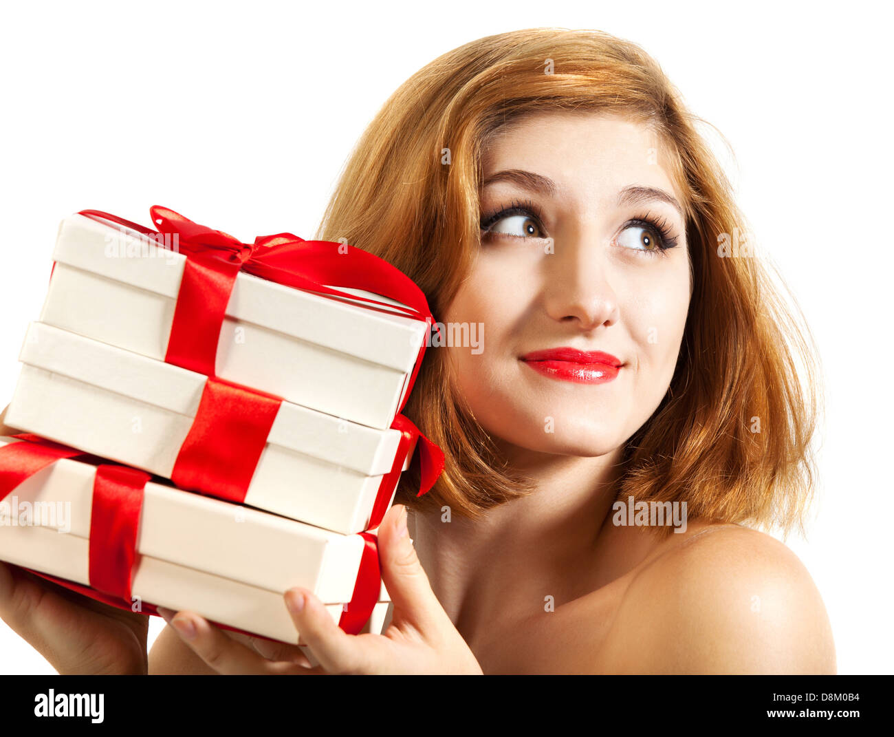 Beautiful young brunette girl with presents Stock Photo - Alamy